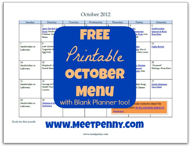Free Printable October Dinner Menu (with Blank Planner) + Beans & Rice ...