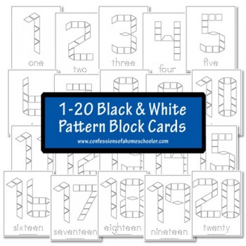 FREE Black and White Pattern Block Cards - Numbers 1-20