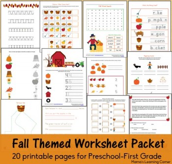 Free Fall Worksheet Packet for Preschool-First Grade