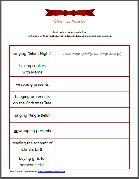 Free Worksheets: Christmas Adverbs
