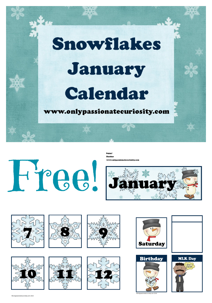 Free Snow-themed January Pocket Chart Calendar Cards