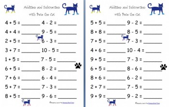 Free Worksheets: Addition and Subtraction with Pete the Cat