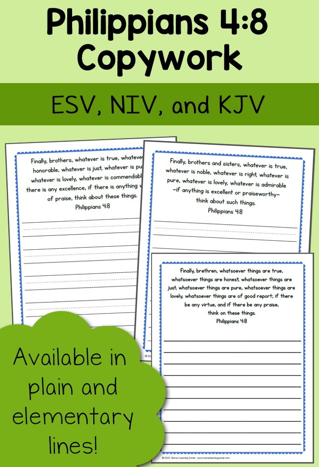 FREE Bible Verse Copywork Pages (Philippians 4-8)