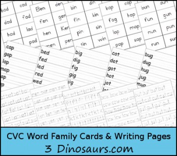 FREE List of CVC Word Family Cards and Writing Practice