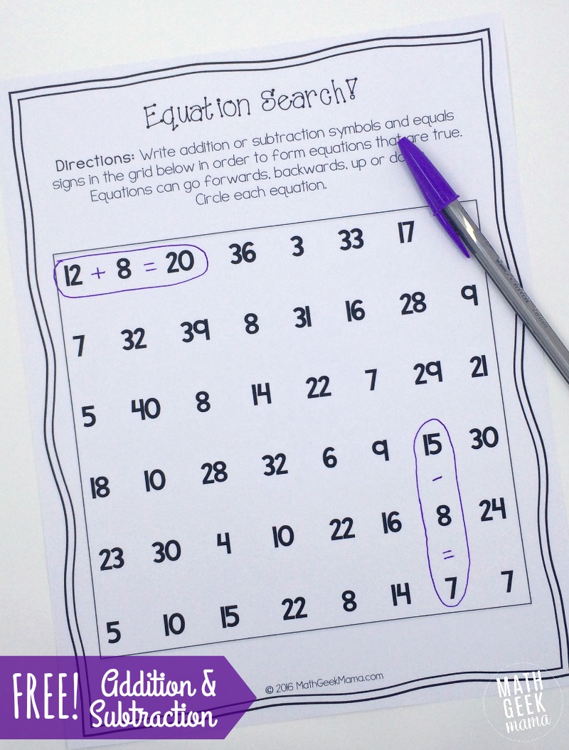 FREE Equation Search Puzzles