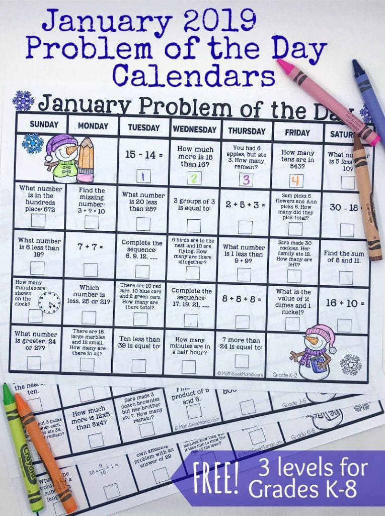 FREE January 2019 Math Problem of the Day Calendars | Free Homeschool ...